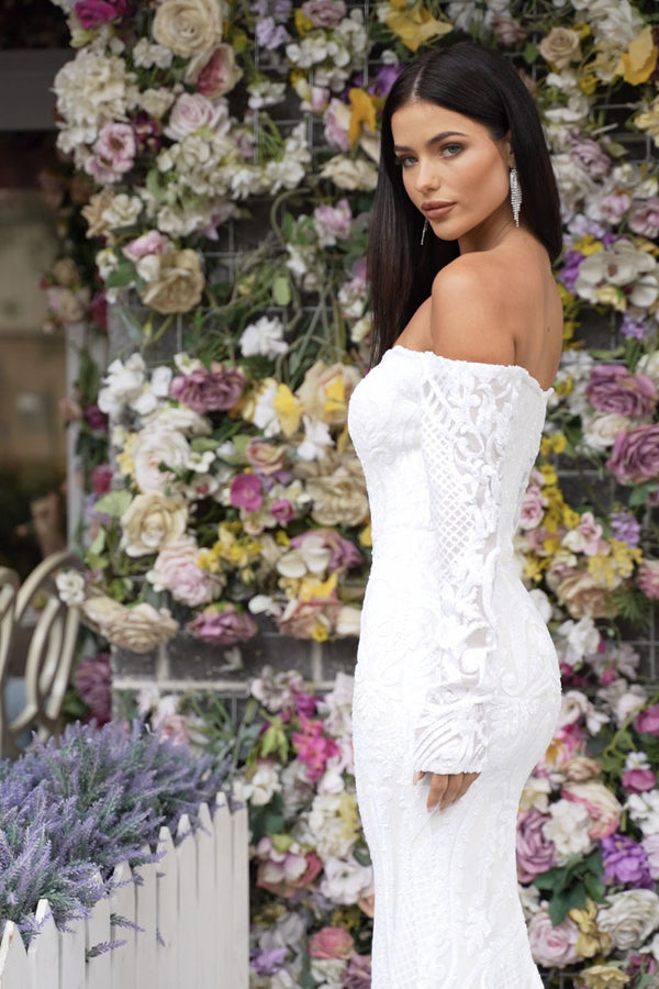 Gianna Off-Shoulder Long Sleeve Gown - White/White – NB LUXE