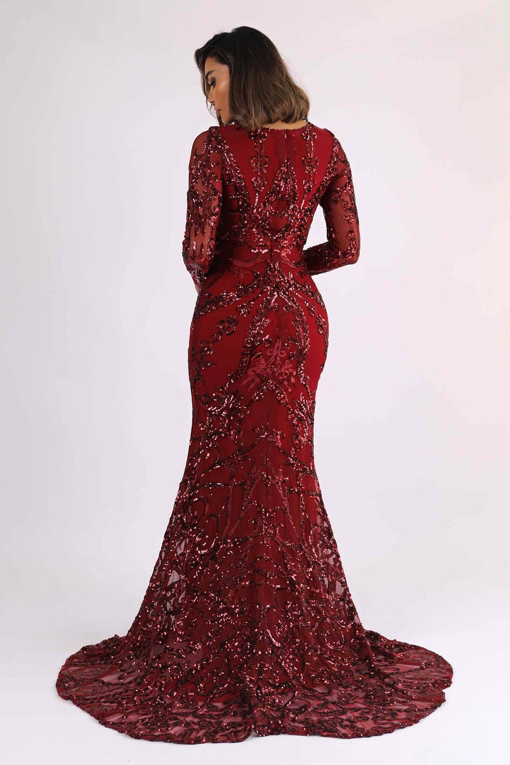 AMANI Long Sleeve Sequin Gown - Wine – NB LUXE